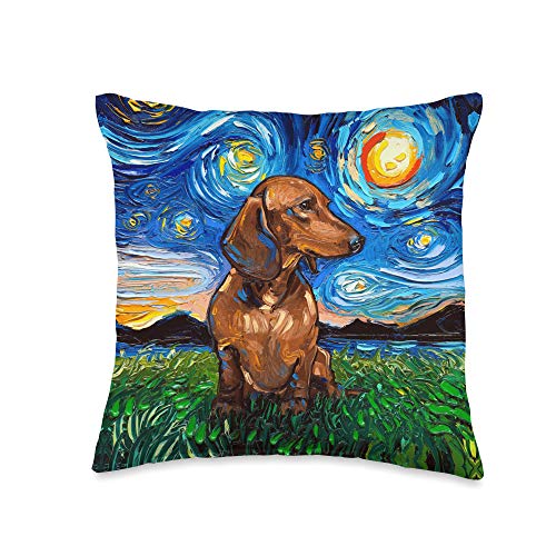 Sagittarius Gallery Brown Short Hair Dachshund Doxie Starry Night Dog Art by Aja Throw Pillow, 16x16, Multicolor