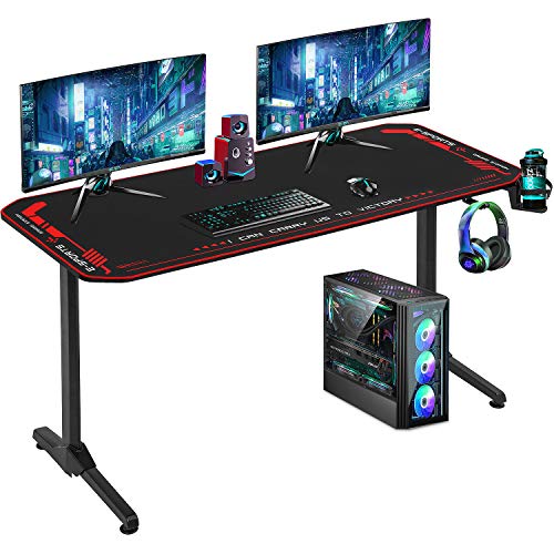 FDW Computer Desk Gaming Desk 55 inches Home Office Desk with Headphone Hook Cup Holder and Socket Rack Full-Surface Mouse Pad Gamer Workstation for Adult Teens,Black