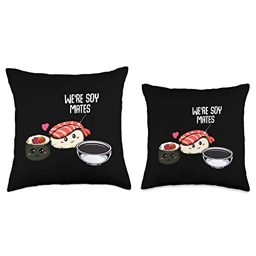 Best Funny Sushi Japan Gift Tee We're Soy Mates Sushi Maki Nigiri Japanese Food Fish Kawaii Throw Pillow, 18x18, Multicolor