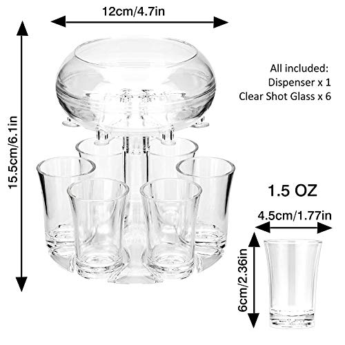 6 Shot Glass Dispenser and Holder, Dispenser for Filling Liquids with 6 Pcs 1.2oz Acrylic Cup for Bar Shot, Wine, Cocktail and Whiskey Dispenser