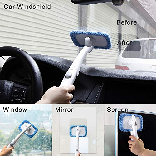 Car Duster Kit Spray Glass Windshield Cleaning Tool Defogging Foldable Handle 360° Pivoting Head Brush and 3 Reusable Microfiber Cleaning Bonnets for Interior Exterior Glass Screens Scratch Lint Free