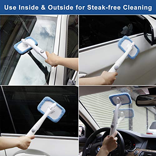 Car Duster Kit Spray Glass Windshield Cleaning Tool Defogging Foldable Handle 360° Pivoting Head Brush and 3 Reusable Microfiber Cleaning Bonnets for Interior Exterior Glass Screens Scratch Lint Free