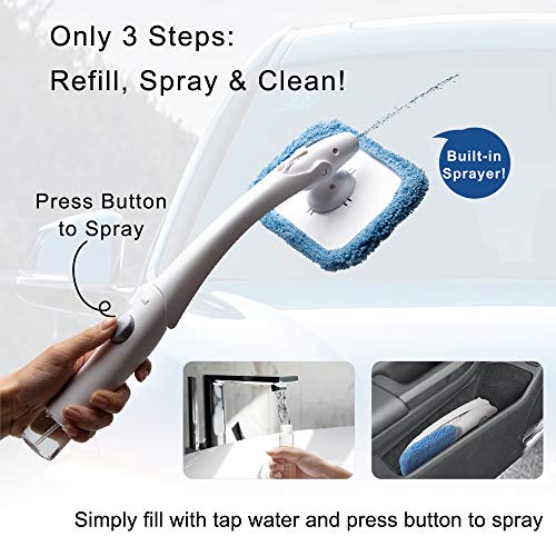 Car Duster Kit Spray Glass Windshield Cleaning Tool Defogging Foldable Handle 360° Pivoting Head Brush and 3 Reusable Microfiber Cleaning Bonnets for Interior Exterior Glass Screens Scratch Lint Free