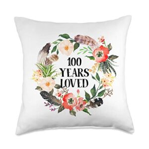 teelaka store 100 years loved, gifts grandma 100th birthday throw pillow, 18x18, multicolor