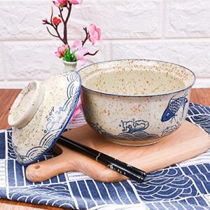 Whitenesser Ramen Bowl with Lid, Japanese Style 25.4 OZ Big Ceramic Bowl with Lid and for Soup Rice Noodle and Porridge, Microwave Oven Safety