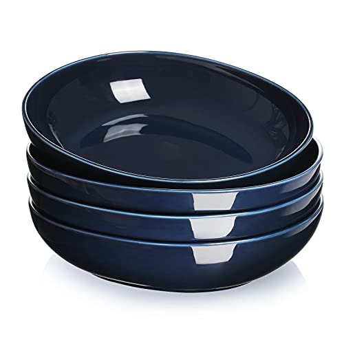 Teocera Pasta Bowls, Salad Bowls Set, Large Serving Bowls, 50 Ounce Porcelain Navy Bowls Set of 4 - Square Design, Microwave Dishwasher Safe