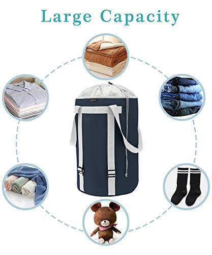 Laundry Basket Laundry Hamper Dirty Clothes Hamper Collapsible Foldable Laundry Bin Bag Backpack with Handles and Lid Large Tall Water-Proof Polyester Sturdy Durable Dark Blue