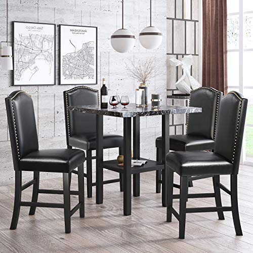 Harper & Bright Designs 5-Piece Dining Table Set with Faux Marble Veneer Tabletop/Bottom Shelf/ 4 Upholstered Chairs for Kitchen Dining Room Furniture Set, Black Chair+Black Table