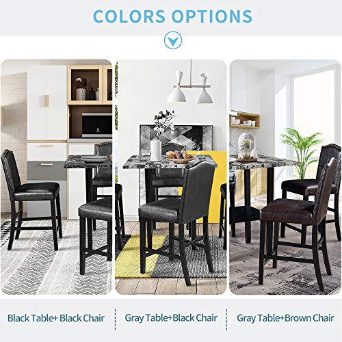 Harper & Bright Designs 5-Piece Dining Table Set with Faux Marble Veneer Tabletop/Bottom Shelf/ 4 Upholstered Chairs for Kitchen Dining Room Furniture Set, Black Chair+Black Table