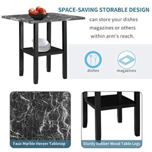 Harper & Bright Designs 5-Piece Dining Table Set with Faux Marble Veneer Tabletop/Bottom Shelf/ 4 Upholstered Chairs for Kitchen Dining Room Furniture Set, Black Chair+Black Table