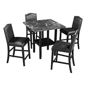 Harper & Bright Designs 5-Piece Dining Table Set with Faux Marble Veneer Tabletop/Bottom Shelf/ 4 Upholstered Chairs for Kitchen Dining Room Furniture Set, Black Chair+Black Table