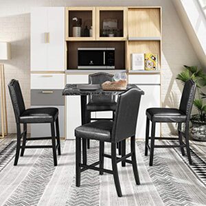 Harper & Bright Designs 5-Piece Dining Table Set with Faux Marble Veneer Tabletop/Bottom Shelf/ 4 Upholstered Chairs for Kitchen Dining Room Furniture Set, Black Chair+Black Table