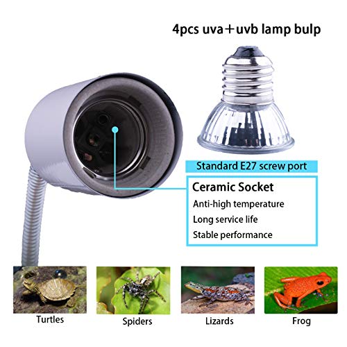 Reptile Heat Lamp, UVB Bulb, UVB Reptile Light Fixture, UVA UVB Reptile Light, Aquatic Turtle Heating Lamp, Turtle Aquarium Tank Heating Lamps Holder & Switch with 4 Heat Bulbs-White