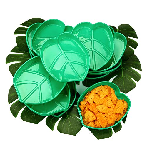 Palm Leaf Snack Tray Hawaii Style Reusable Food Tray with Tropical Imitation Green Plant Leaves, Cookies Chips, Candy Dip, for Jungle Island Luau Party Theme Decorations Birthdays 12 Sets,8.3 x 7 Inch