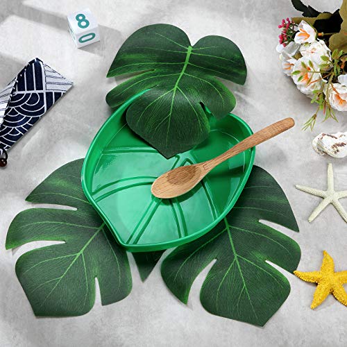 Palm Leaf Snack Tray Hawaii Style Reusable Food Tray with Tropical Imitation Green Plant Leaves, Cookies Chips, Candy Dip, for Jungle Island Luau Party Theme Decorations Birthdays 12 Sets,8.3 x 7 Inch