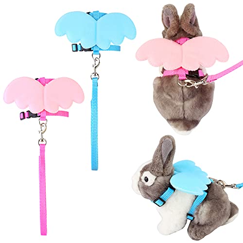 Filhome 2 Pack Adjustable Rabbit Bunny Harness and Leash Set with Wings, Vest Harness for Rabbit Ferret Bunny Kitten Guinea Pig Walking(XS/Blue and Pink)