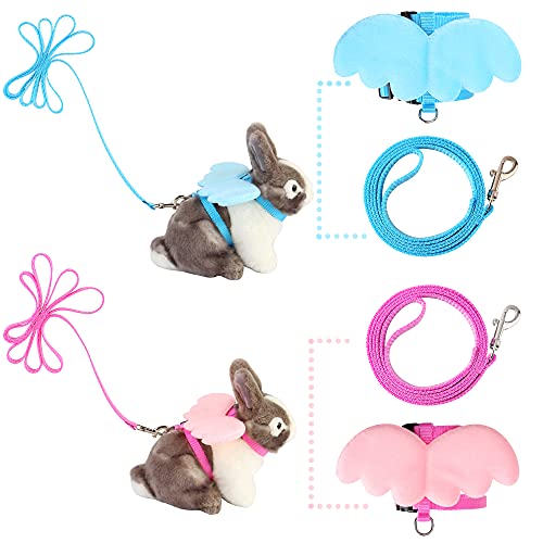 Filhome 2 Pack Adjustable Rabbit Bunny Harness and Leash Set with Wings, Vest Harness for Rabbit Ferret Bunny Kitten Guinea Pig Walking(XS/Blue and Pink)