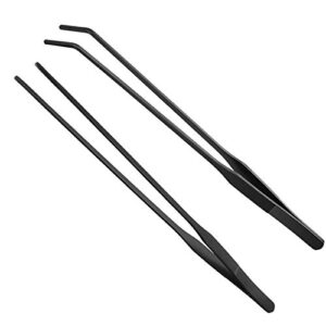 black aquarium tweezers set hrasy stainless steel straight and curved tweezers long handle reptile feeding tongs for fish tank aquatic plants, pack of 2, 10.6 inch