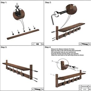 AMBIRD Wall Hooks with Shelf 28.9 Inch Length Entryway Wall Hanging Shelf Wood Coat Hooks for Wall with Shelf Wall-Mounted Coat Hook Rack with 5 Dual Hooks for Bathroom, Living Room, Bedroom (Brown)