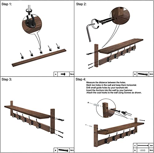 AMBIRD Wall Hooks with Shelf 28.9 Inch Length Entryway Wall Hanging Shelf Wood Coat Hooks for Wall with Shelf Wall-Mounted Coat Hook Rack with 5 Dual Hooks for Bathroom, Living Room, Bedroom (Brown)