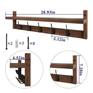 AMBIRD Wall Hooks with Shelf 28.9 Inch Length Entryway Wall Hanging Shelf Wood Coat Hooks for Wall with Shelf Wall-Mounted Coat Hook Rack with 5 Dual Hooks for Bathroom, Living Room, Bedroom (Brown)