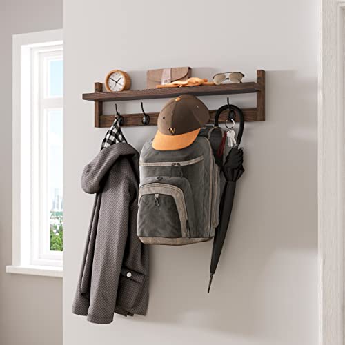 AMBIRD Wall Hooks with Shelf 28.9 Inch Length Entryway Wall Hanging Shelf Wood Coat Hooks for Wall with Shelf Wall-Mounted Coat Hook Rack with 5 Dual Hooks for Bathroom, Living Room, Bedroom (Brown)