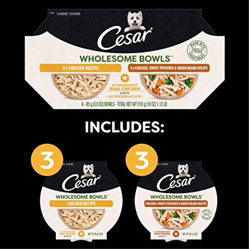 Cesar Wholesome Bowls Adult Soft Wet Dog Food Toppers Variety Pack, Chicken Recipe and Chicken, Sweet Potato & Green Beans Recipe, (6) 3 oz. Bowls