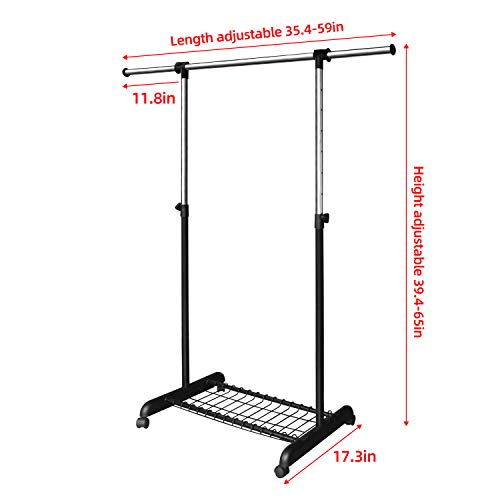 LiaMeE Free Standing Clothing Rack on Wheels, Adjustable Garment Rack & Organizer, Extendable Rolling Clothes Rack with Shelf & Grid, Easy Assembly Standard Rod for Hanging Clothes, Black & Chrome