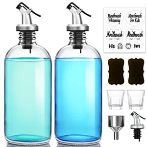 gmisun mouthwash dispenser, 2 pack 16oz glass mouthwash decanter for bathroom, 2 refillable mouthwash bottles container, 3 pour spouts, 2 reusable mouthwash cups, preprinted labels and funnel