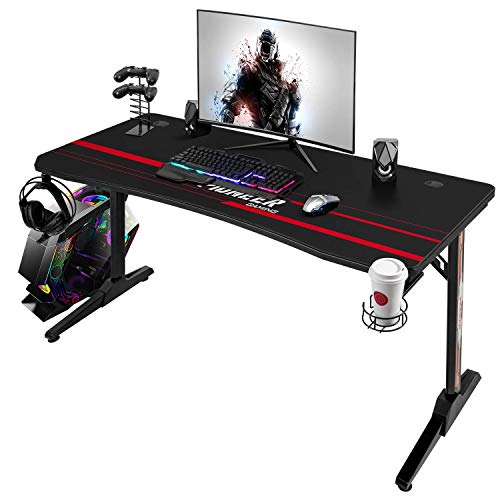 Devoko 44 Inch Gaming Desk T-Shaped PC Computer Table with Free Mouse Pad Carbon Fibre Surface Home Office Desk Gamer Table with Game Handle Rack Headphone Hook and Cup Holder (Black)