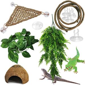 kathson bearded dragon hammock reptile plant hanging terrarium boston plant jungle climber vines flexible leaves lizards habitat decor accessories coconut hide for chameleon gecko snakes 5pcs