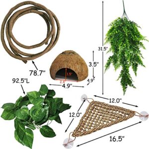 kathson Bearded Dragon Hammock Reptile Plant Hanging Terrarium Boston Plant Jungle Climber Vines Flexible Leaves Lizards Habitat Decor Accessories Coconut Hide for Chameleon Gecko Snakes 5PCS