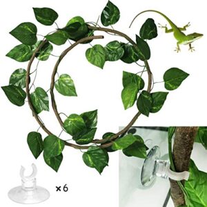 kathson Bearded Dragon Hammock Reptile Plant Hanging Terrarium Boston Plant Jungle Climber Vines Flexible Leaves Lizards Habitat Decor Accessories Coconut Hide for Chameleon Gecko Snakes 5PCS