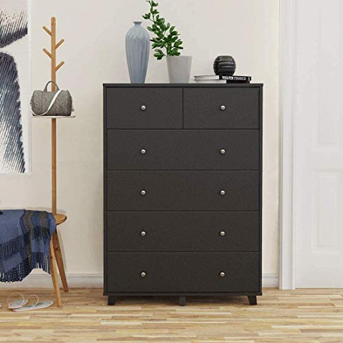 Cozy Castle 6-Drawer Dresser, Wood Black Dresser, Chest of Drawers for Bedroom, Vertical Dresser, 2 Small Drawers and 4 Large Drawers Sufficient for Bedroom Storage, Black