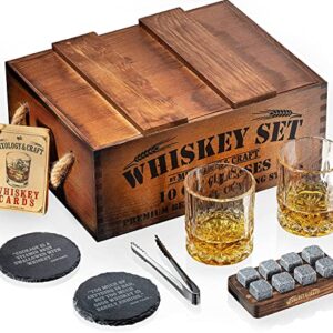 Mixology & Craft Whiskey Stones Gift Set for Men - 2 Glasses, 8 Chilling Rocks & Wooden Box - Whiskey Glass Gift Sets - Jameson Brown