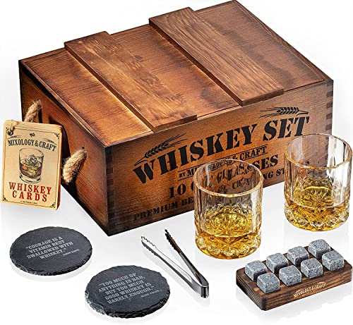 Mixology & Craft Whiskey Stones Gift Set for Men - 2 Glasses, 8 Chilling Rocks & Wooden Box - Whiskey Glass Gift Sets - Jameson Brown