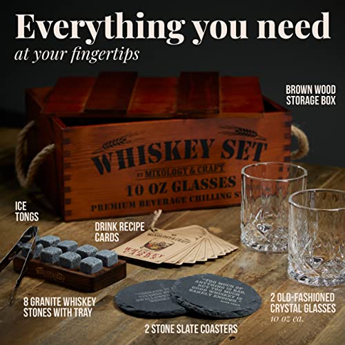 Mixology & Craft Whiskey Stones Gift Set for Men - 2 Glasses, 8 Chilling Rocks & Wooden Box - Whiskey Glass Gift Sets - Jameson Brown