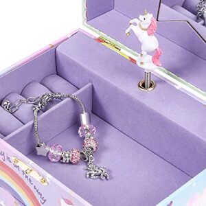 Girls Unicorn Musical Jewelry Box with Unicorn Charm Bracelet, Glitter Star and Rainbow Design, Unicorn Gifts for Girls Ages 3+