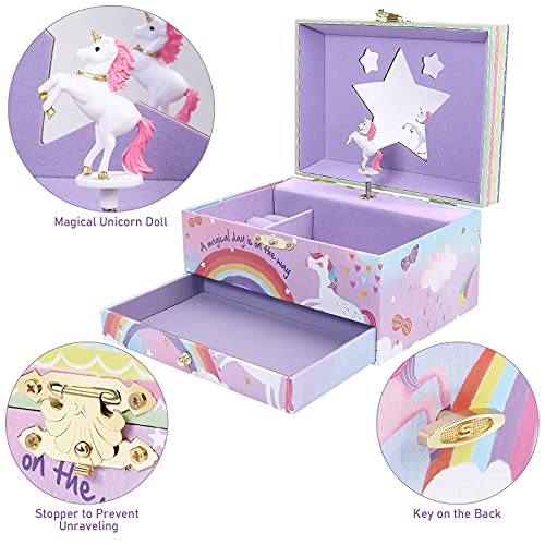 Girls Unicorn Musical Jewelry Box with Unicorn Charm Bracelet, Glitter Star and Rainbow Design, Unicorn Gifts for Girls Ages 3+