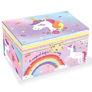 Girls Unicorn Musical Jewelry Box with Unicorn Charm Bracelet, Glitter Star and Rainbow Design, Unicorn Gifts for Girls Ages 3+