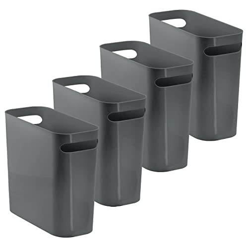 mDesign Plastic Small Trash Can, 1.5 Gallon/5.7-Liter Wastebasket, Narrow Garbage Bin, Handles for Bathroom, Laundry, Home Office - Holds Waste, Recycling, 10" High, Aura Collection, 4 Pack, Dark Gray