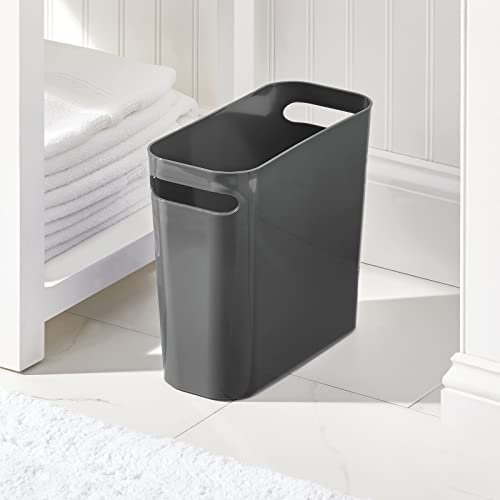 mDesign Plastic Small Trash Can, 1.5 Gallon/5.7-Liter Wastebasket, Narrow Garbage Bin, Handles for Bathroom, Laundry, Home Office - Holds Waste, Recycling, 10" High, Aura Collection, 4 Pack, Dark Gray