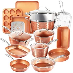 gotham steel hammered copper collection – 20 piece premium cookware & bakeware set with nonstick copper coating, includes skillets, stock pots, deep square fry basket, cookie sheet and baking pans