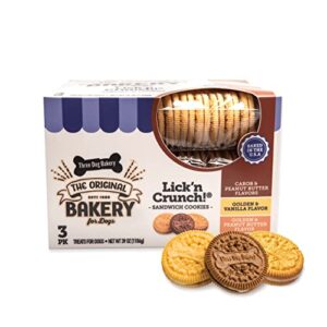 three dog bakery lick'n crunch sandwich cookies premium dog treats with no artificial flavors, carob/peanut butter, golden/vanilla, and golden/peanut butter, 39 ounces (pack of 1)