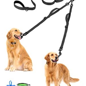 PetBonus Double Dog Leash, No Tangle Dual Dog Leash, Reflective Walking Training Leash, 4 Comfortable Padded Handles for 2 Dogs with Collapsible Bowl and Waste Bags (Black, Large)