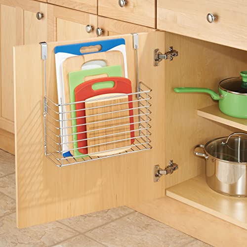 mDesign Metal Wire Kitchen Bakeware Organizer Basket - Hang Over Cabinet Door - Storage for Baking Sheets, Cupcake Tins, Cutting Boards, Foil, or Plastic Wrap - Concerto Collection - Chrome