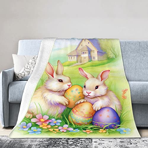 Ouqiuwa Vintage Easter Bunnies Eggs Soft Throw Blanket Soft Lightweight Durable Flannel Fleece Blanket 50"X40" for Bed Sofa Couch Camping Travel