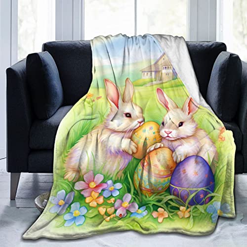 Ouqiuwa Vintage Easter Bunnies Eggs Soft Throw Blanket Soft Lightweight Durable Flannel Fleece Blanket 50"X40" for Bed Sofa Couch Camping Travel