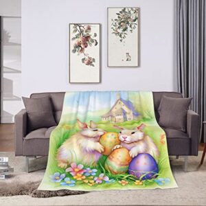 Ouqiuwa Vintage Easter Bunnies Eggs Soft Throw Blanket Soft Lightweight Durable Flannel Fleece Blanket 50"X40" for Bed Sofa Couch Camping Travel