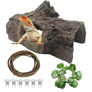 tfwadmx large reptile hides lizard resin hollow tree trunk hideout bendable vines leaves bearded dragon tank accessories gecko habitat decoration for chameleon,snake and hermit crabs